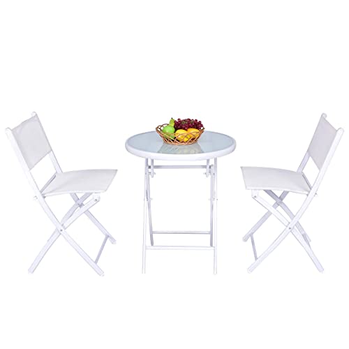 DOUBAO 3 PCS Folding Bistro Table Chairs Set Garden Backyard Patio Furniture White Loveseat Coffee Table
