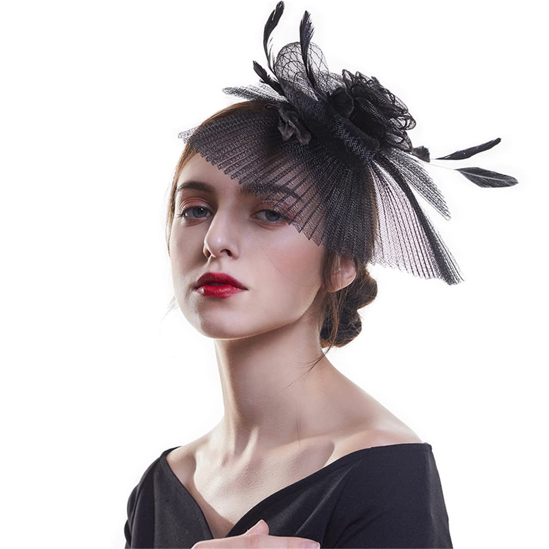 Black Hats Party Reticulate Feather Hats Stripe Wedding Hair Accessories Women Girls Hats Black