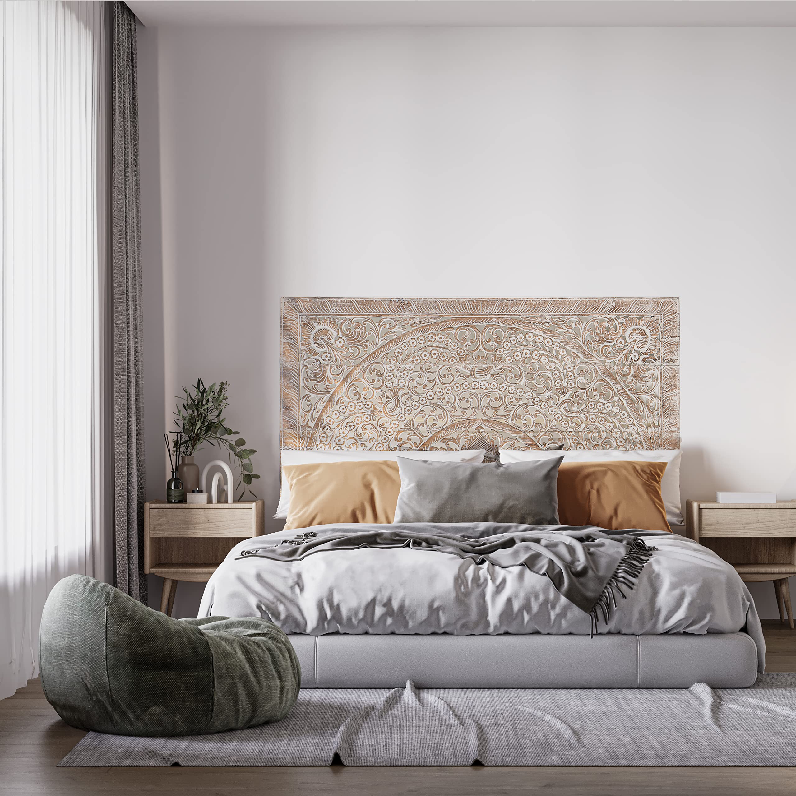 California King Low Profiled Headboard, Rectangle Wall Mounted Bed Head, Hand Carved Reclaim Teak Wood Panels, Whitewash, 72 inches