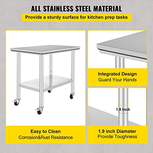 Mophorn Stainless Steel Work Table 36x24 Inch with 4 Wheels Commercial Food Prep Worktable with Casters Heavy Duty Work Table for Commercial Kitchen Restaurant