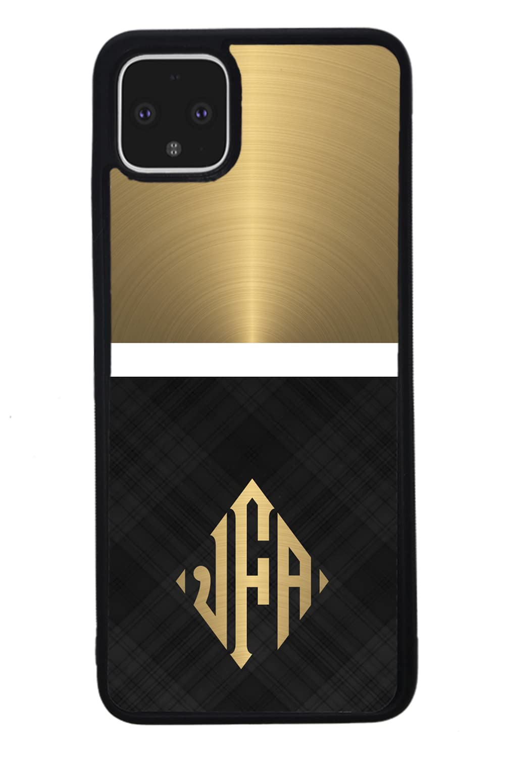 Black and Gold Personalized Diamond Monogram Black Rubber Phone Case Compatible With Google Pixel 8 Pro, 8a, 8, 7a, 7, Pixel 7 Pro, 6a, Pixel 6 Pro, 6, 5, 4a 5G, 4a 4G, 4, 4 XL, 3a, 3a XL, 3, 3 XL