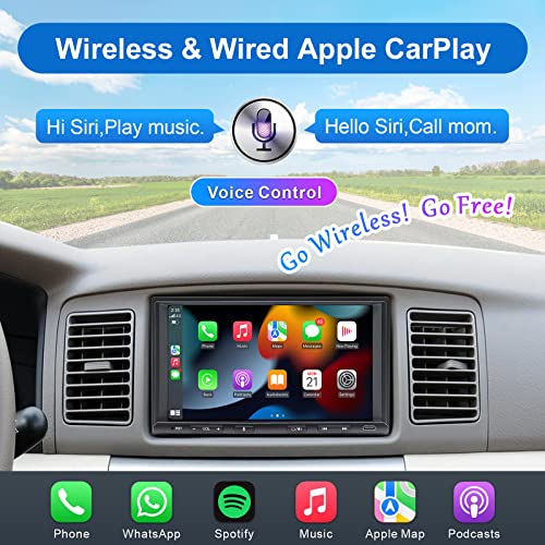 Double Din Car Stereo Radio Wireless CarPlay & Wireless Android Auto, 7inch Touch Screen Car Audio Receiver with Bluetooth,Live Rearview Camera,AM/FM, GPS Navigation,Mirror Link,Subwoofer,USB/AUX/SWC
