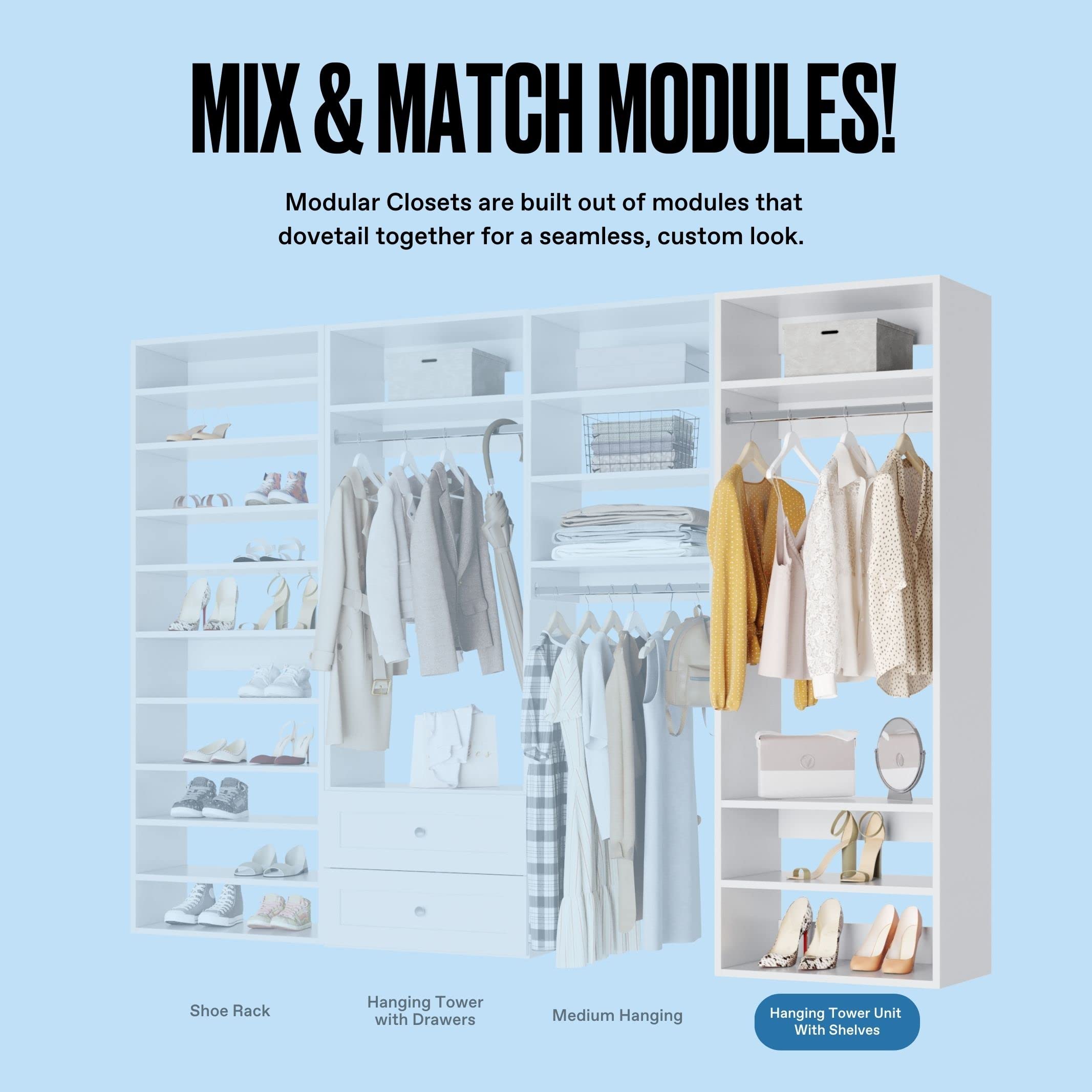 Hanging Closet Unit with Shelves - Modular Closet System for Hanging - Corner Closet System - Closet Organizers and Storage Shelves (White, 19.5 inches Wide) Closet Shelves