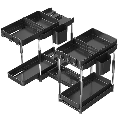 Double Sliding Under Sink Organizers and Storage - Adjustable 2 Tier Pull Out Under Cabinet Organizer Counter, Under Sink Storage for Bathroom and Kitchen, Multi-Purpose Organization and Storage Shelf