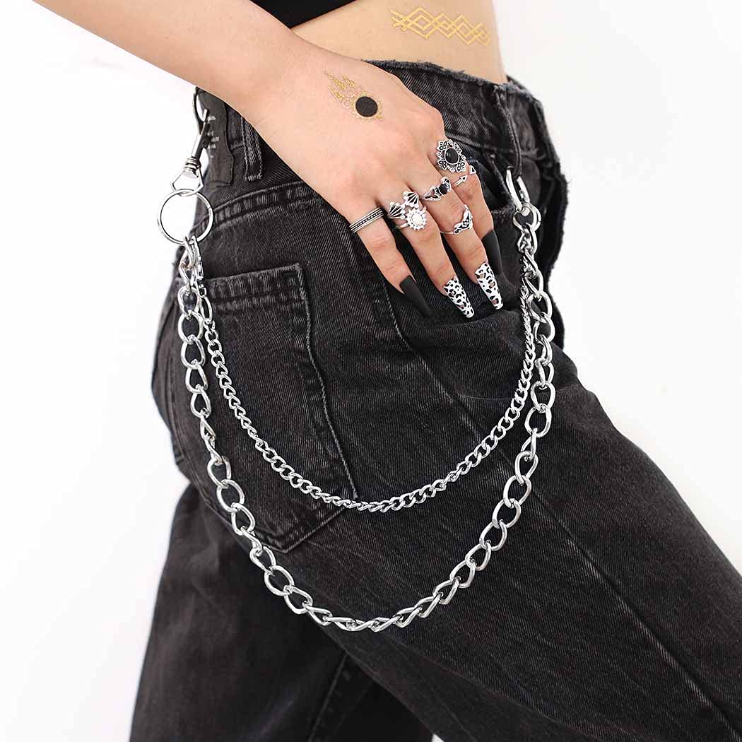 Bomine Hip Hop Pants Jean Chain Goth Punk Silver Trousers Chains Biker Heavy Thick Wallet Pocket Chains Silver Keychains Body Jewelry for Men and Women (Silver)