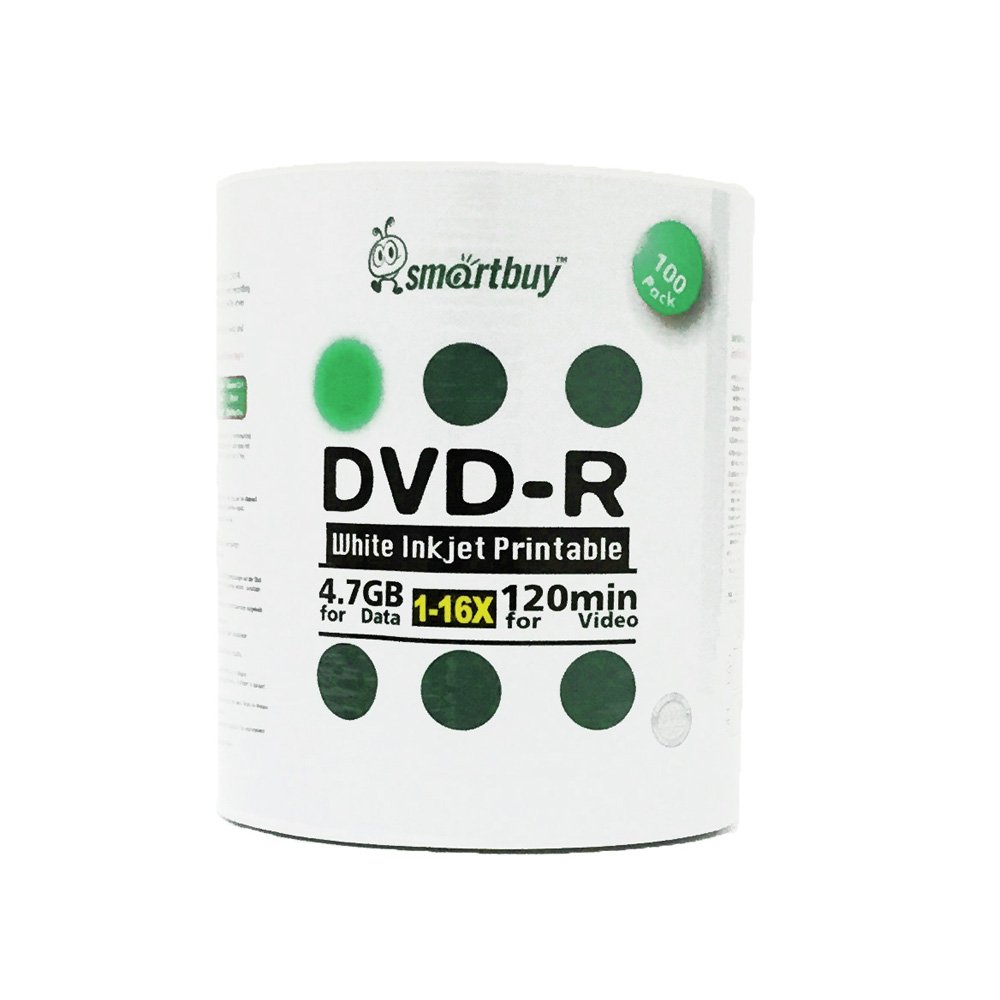 Smartbuy 100-disc 4.7GB/120min 16x DVD-R White Inkjet Hub Printable Blank Media Disc + Free Micro Fiber Cloth