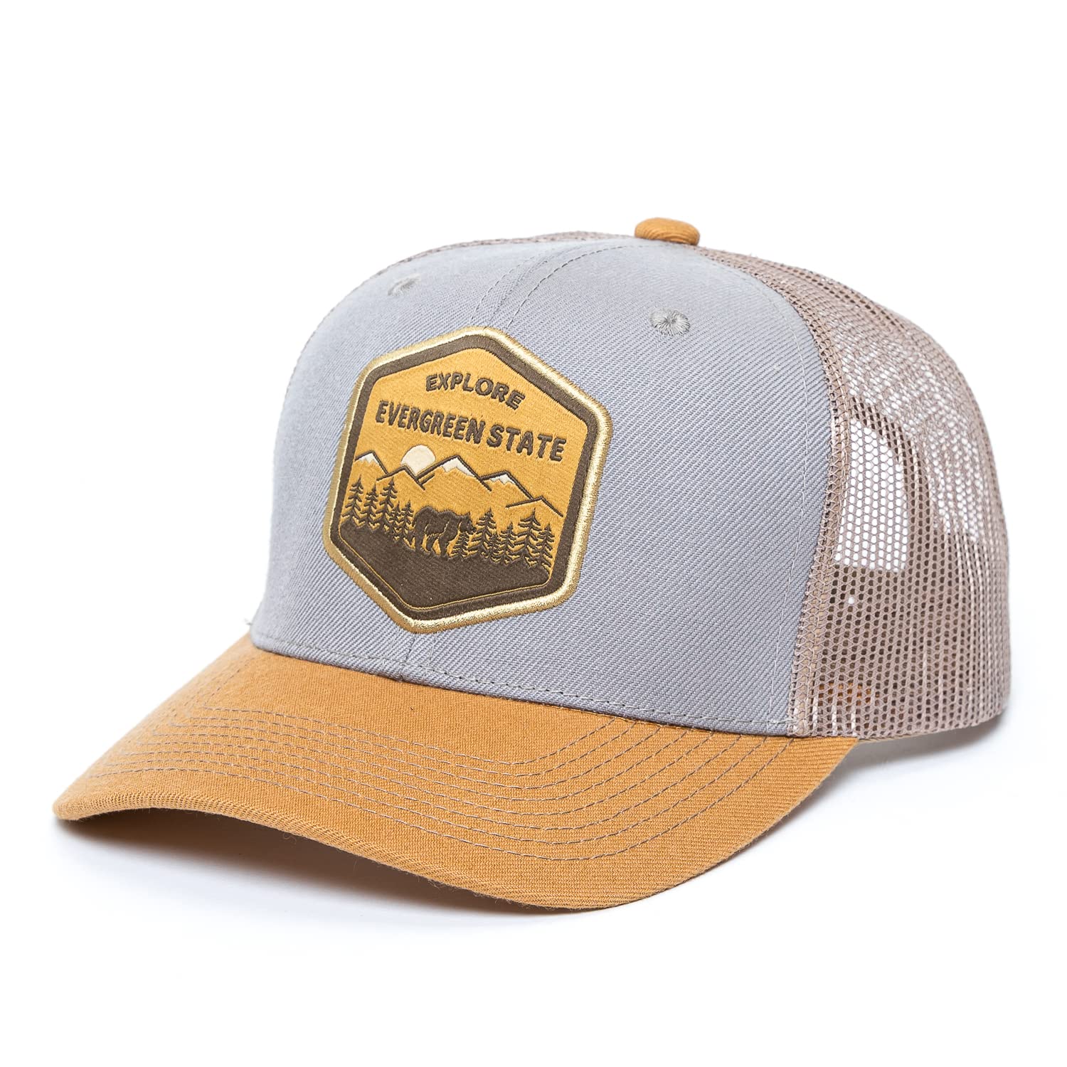 BHELG Evergreen State Washington Patched Trucker Hat for Camping, Hiking, Fishing Khaki