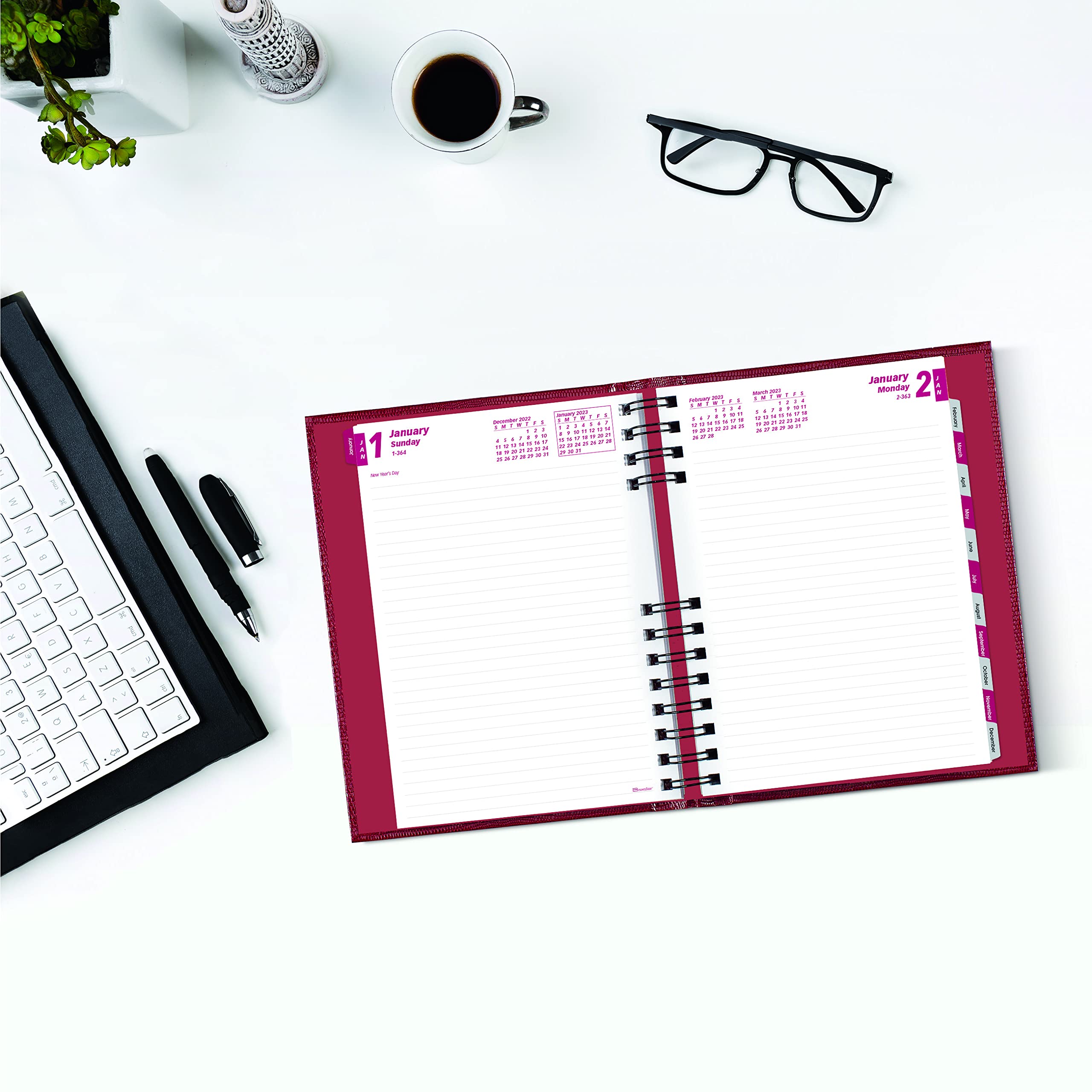 Brownline 2023 CoilPro Daily/Monthly Planner, Untimed Journal, 12 Months, January to December, Twin-Wire Binding, 8.25" x 5.75", Bright Red (CB389C.RED-23)