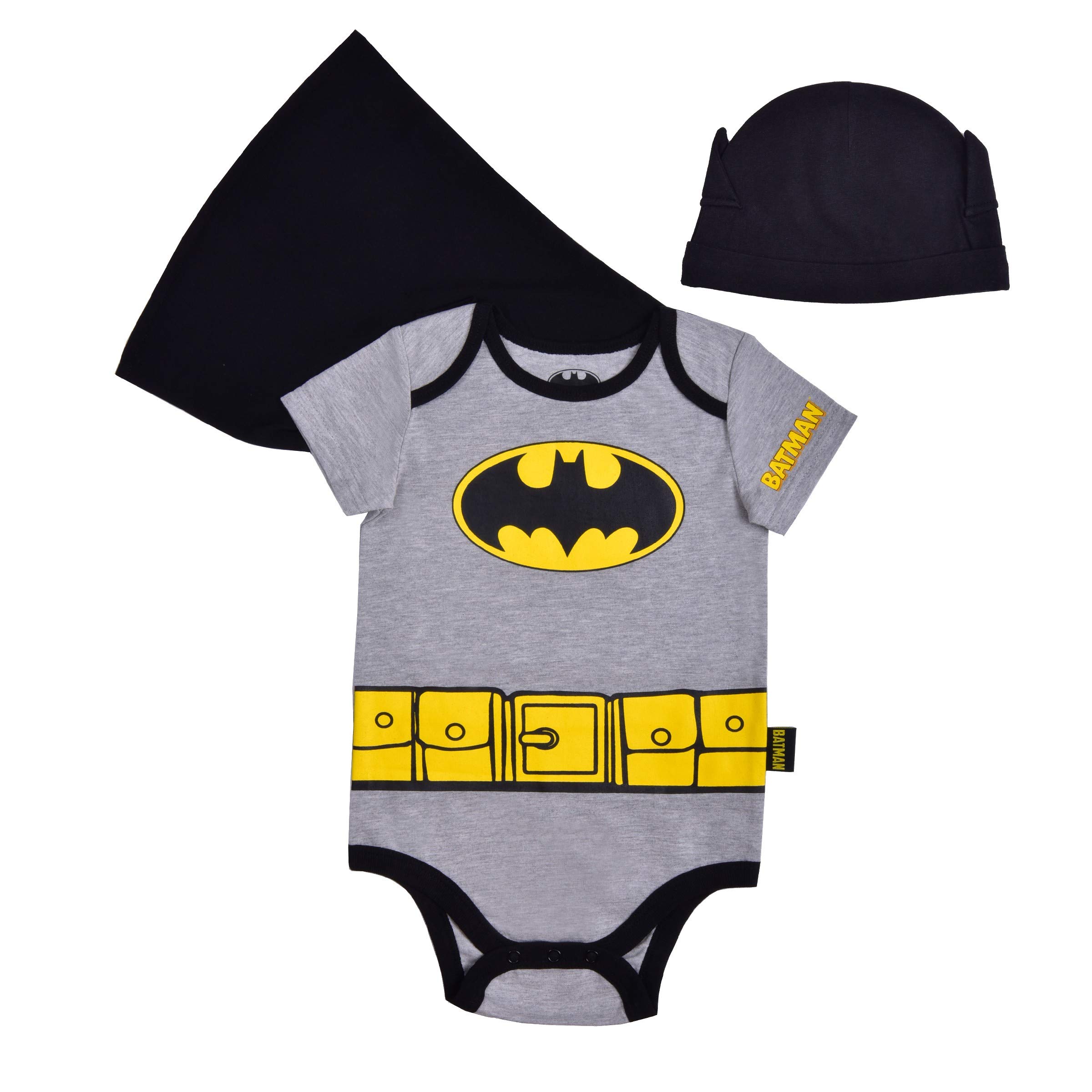 BATMAN Boys’ Bodysuit With Cape and Hat Set for Newborn and Infant – Grey/Black