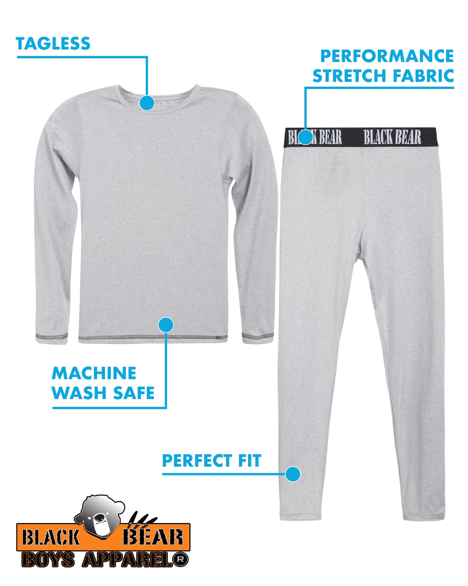 Black Bear Boys' Thermal Underwear Set - 4 Piece Performance Base Layer Long Sleeve T-Shirt and Long Johns Set, Size X-Large, Heather Grey/Charcoal