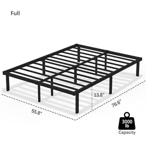 Flolinda Foldable Full Size Bed Frame Metal Platform Bed Sturdy Full Bed Frame 10 Minutes Quick Assembly Steel Slats 11 Legs Support No Box Spring Needed Noise-Free 14inch Black