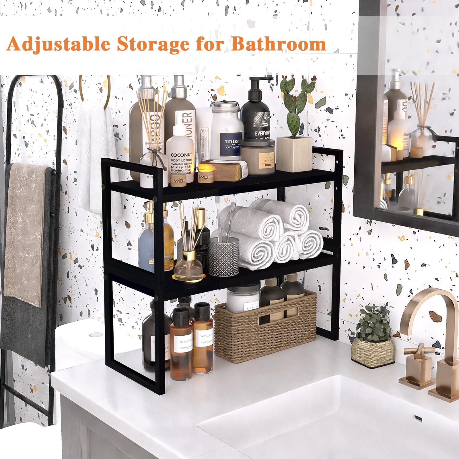DOLALIKE Expandable kitchen Countertop Organizer, Stackable Cabinet Shelf Organizers, Space Saving Spice Rack Pantry Storage for Bathroom Office Organization (Black, 2 Pack)