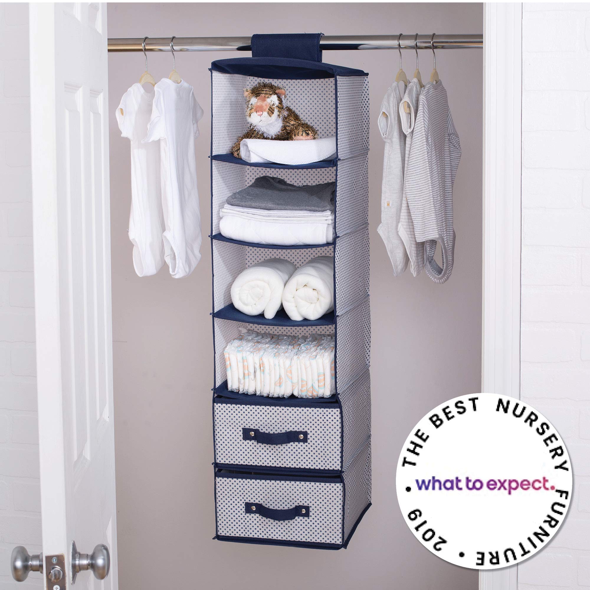 Delta Children 6 Shelf Hanging Wall Storage with 2 Drawers - Easy Storage/Organization Solution- Holds Sweaters, Shirts, Pants, Accessories & More - Movable Drawers Allow for Customization, Navy