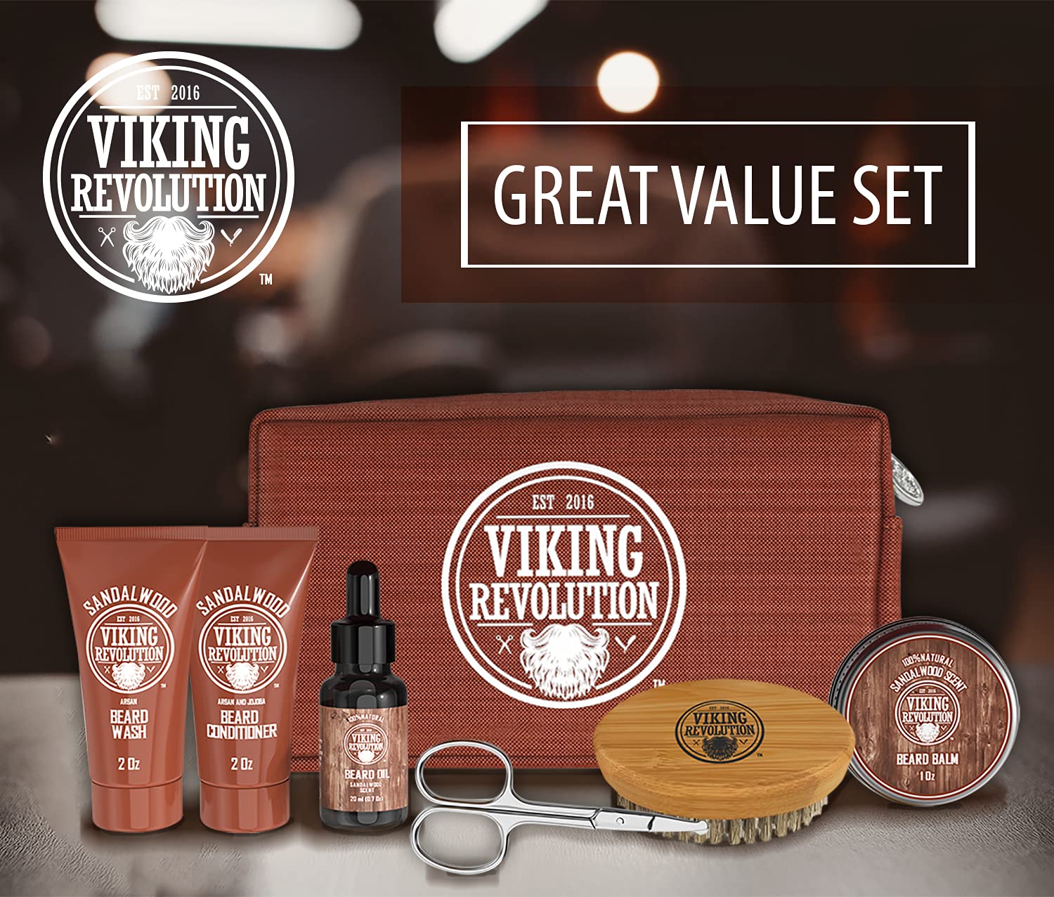 Beard Care Kit for Men Gift- Beard Grooming Kit Contains Travel Size Beard Oil, Beard Balm, Beard Shampoo & Conditioner, Beard Brush and Grooming Scissors - Includes Travel Case (Sandalwood)
