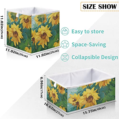 visesunny Closet Baskets Oli Painting Sunflower with Green Leaf Storage Bins Fabric Baskets for Organizing Shelves Foldable Storage Cube Bins for Clothes, Toys, Baby Toiletry, Office Supply