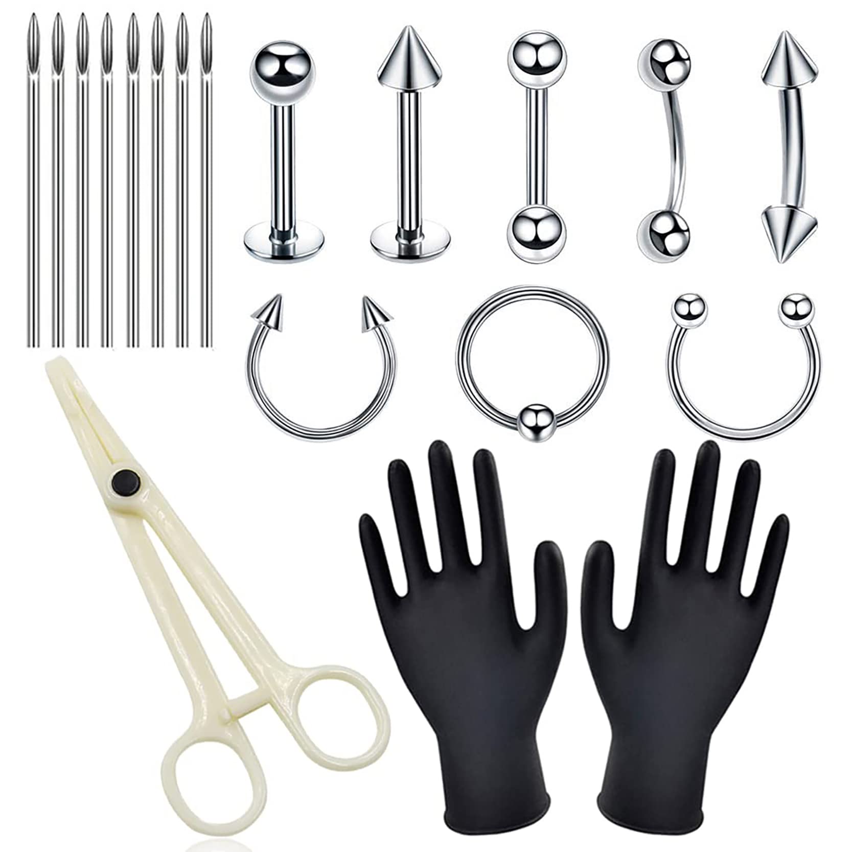 CHUANCI 19 Pieces Body Piercing Tool Kit Include Septum Forceps Clamp Pliers 8 Pcs 316L Stainless Steel Piercing Needles and 8Pcs Jewelry for Ear Lip Nose Nipple