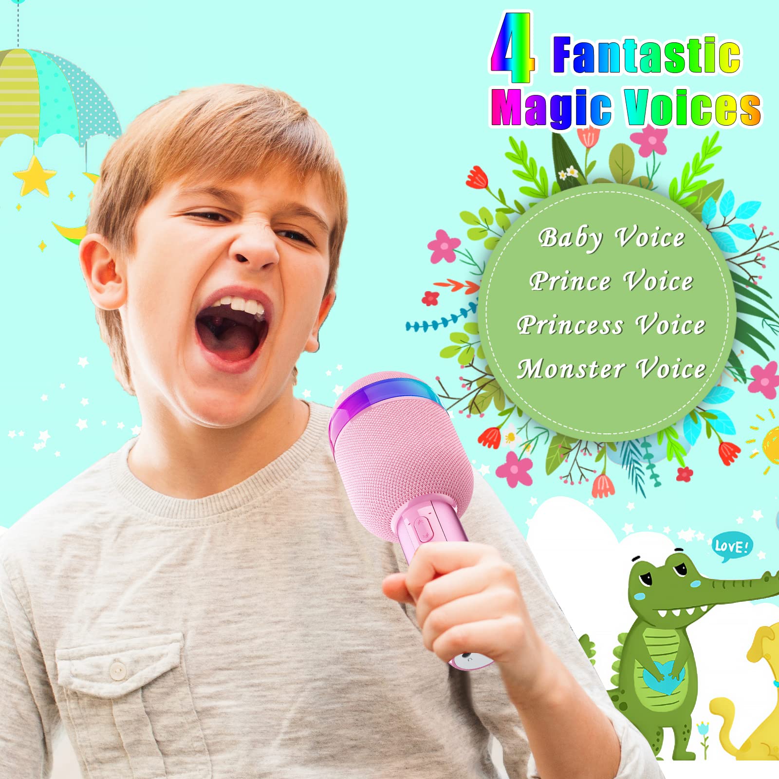 BONAOK Wireless Bluetooth Karaoke Microphone with LED Lights, 4 in 1 Portable Handheld Karaoke Machine Speaker Birthday Gifts for All Ages V09(P-ink)