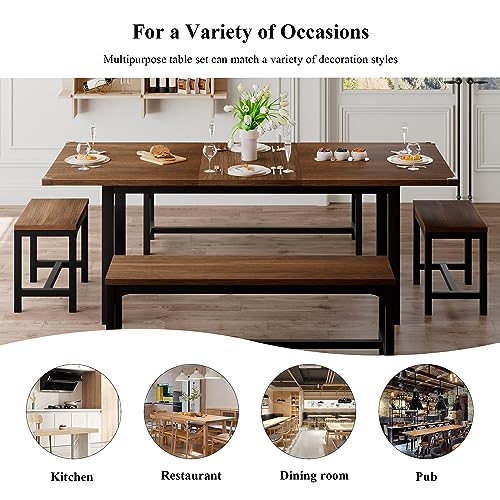 Feonase 5-Piece Dining Table Set for 6-10 People, 63" Large Extendable Kitchen Table Set with 2 Benches and 2 Square Stools, Dining Room Table with MDF Wood Board, Easy Assembly, Walnut