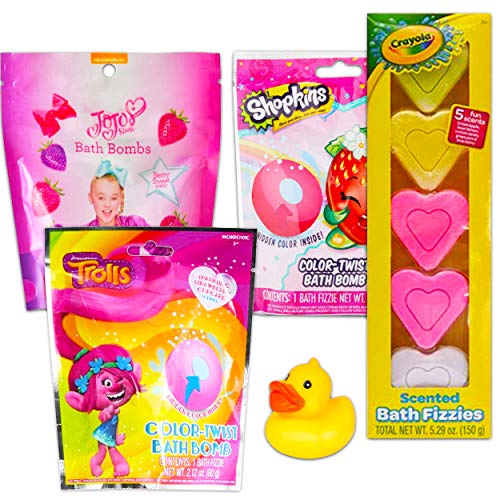 Bath Colors for Girls Kids Ultimate Set ~ 9 Pcs Crayola, Trolls, Shopkins, and JoJo Siwa Bath Bombs and Rubber Duckie (Bath Toys Bundle)
