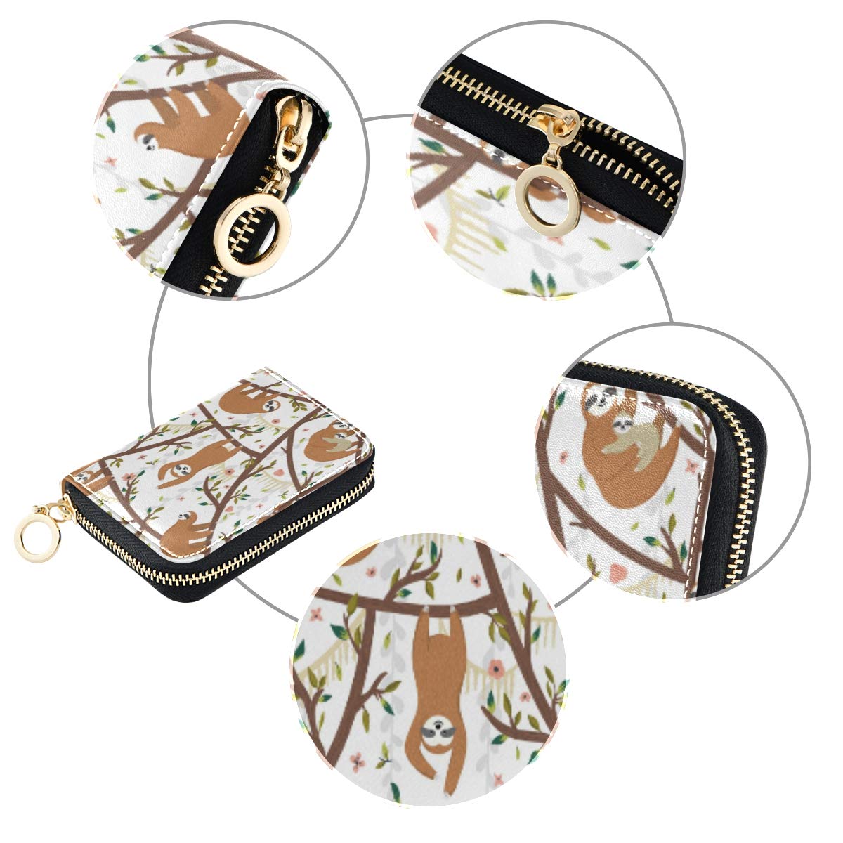 MOYYO RFID Credit Card Holder Case Cute Funny Sloths Animal Leather Printed Zipper Card Case Wallet for Women Girls