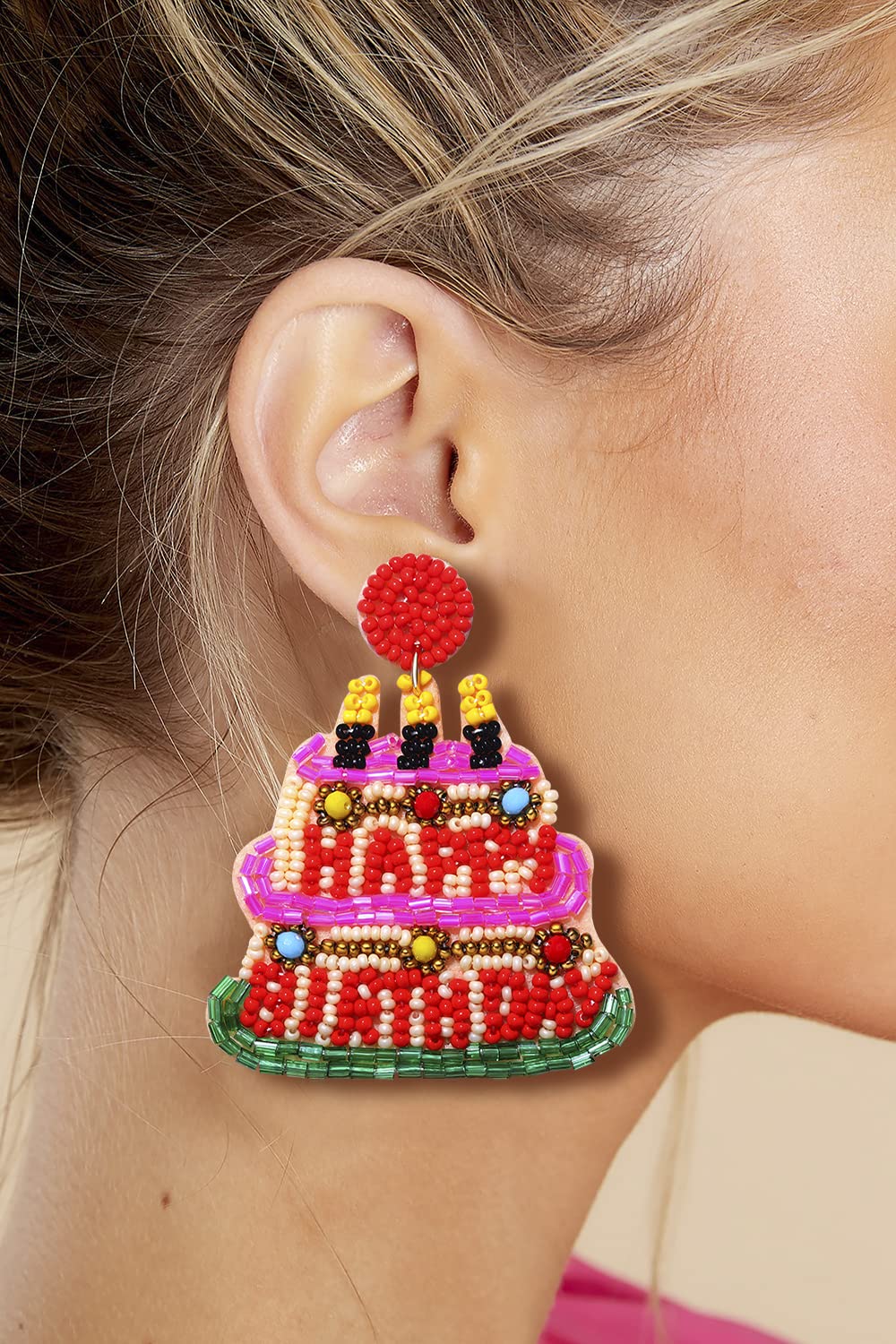 Boderier Beaded Birthday Cake Earrings Statement Colorful Happy Birthday Cake Beaded Earrings Birthday Gift for Women Red