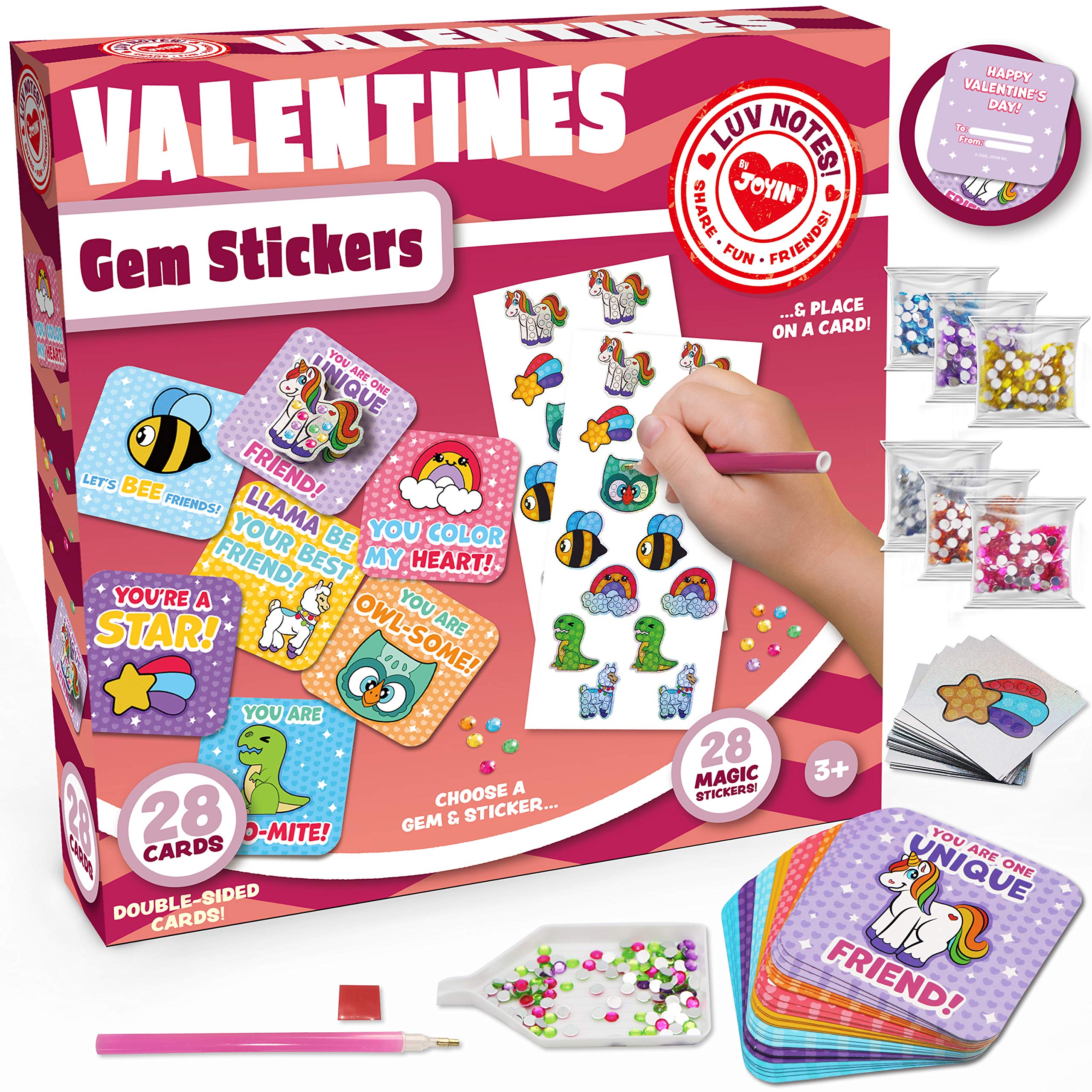 JOYIN 28 Packs Valentine Cards with Gem Diamond Painting Kits Make Your Own Stickers, Valentine's Day DIY Craft, Classroom Exchange Gifts and Prizes, Valentines Greeting Cards Diamond Art for Kids