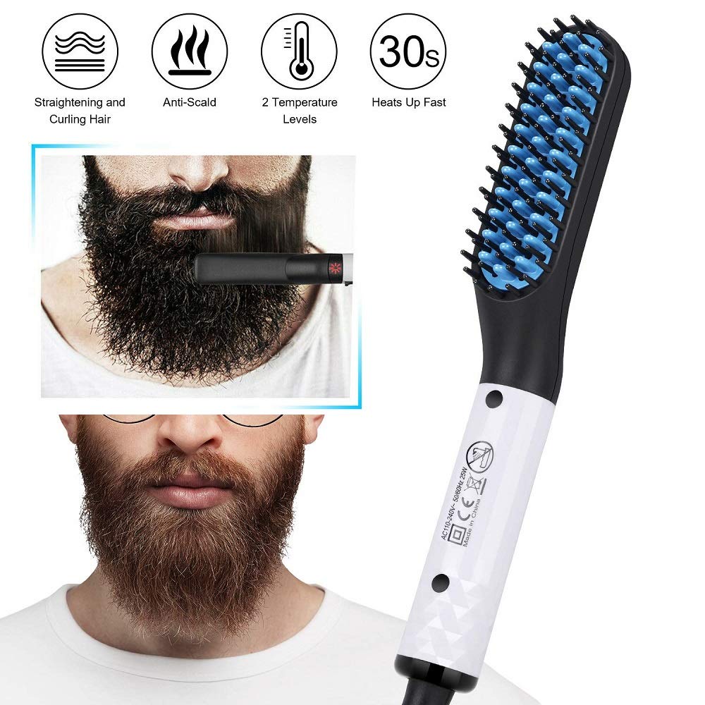Beard Straightener for Men,Electric Anti-Scald Heated Beard Brush Straightener,Straightening Comb for Men,Dad Gifts(White)