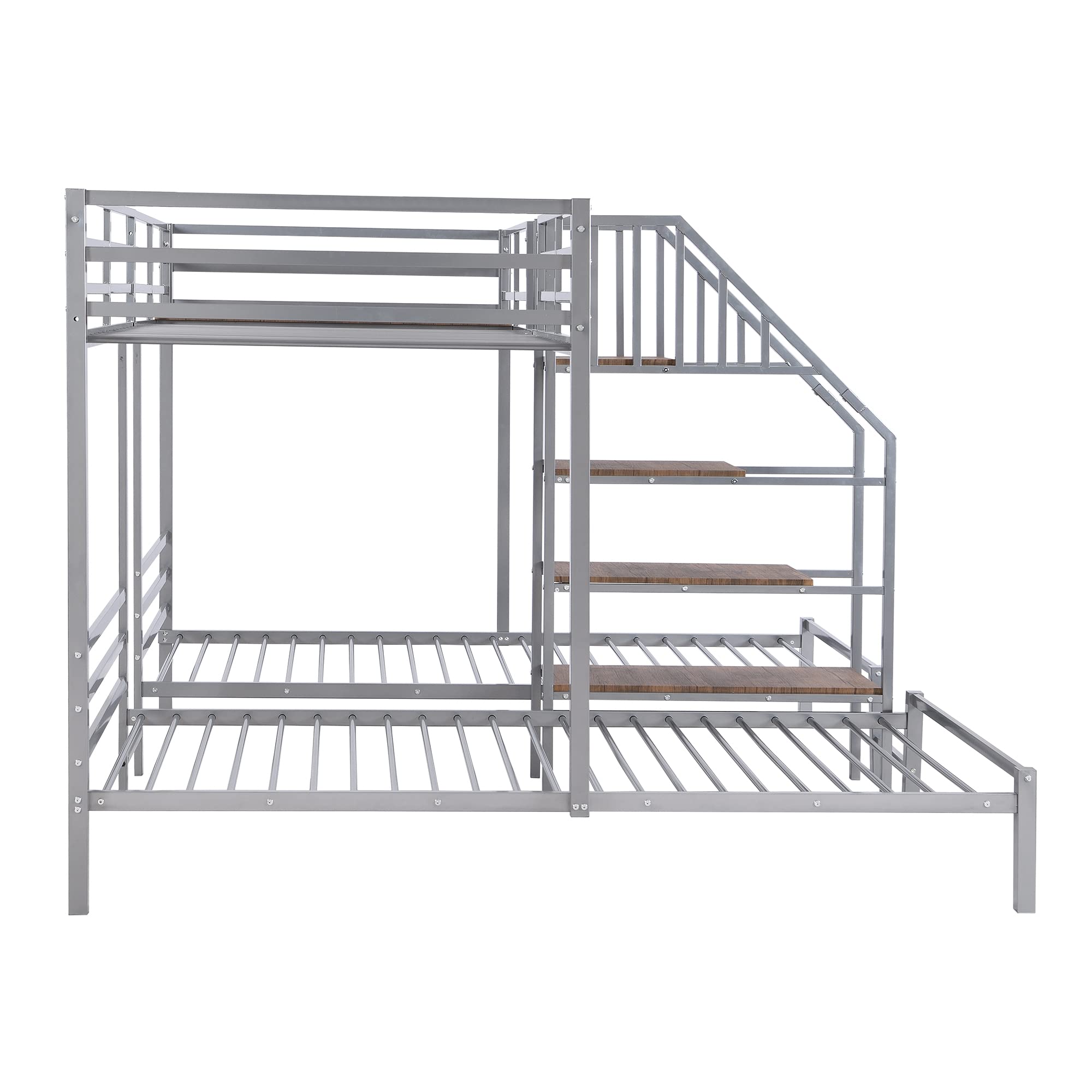Harper & Bright Designs Triple Bunk Beds with Stairs, Metal Twin Over Twin & Twin Bunk Beds with Storage Shelves,3 Bed Bunk Beds for Kids, Girls, Boys,Teens,Silver