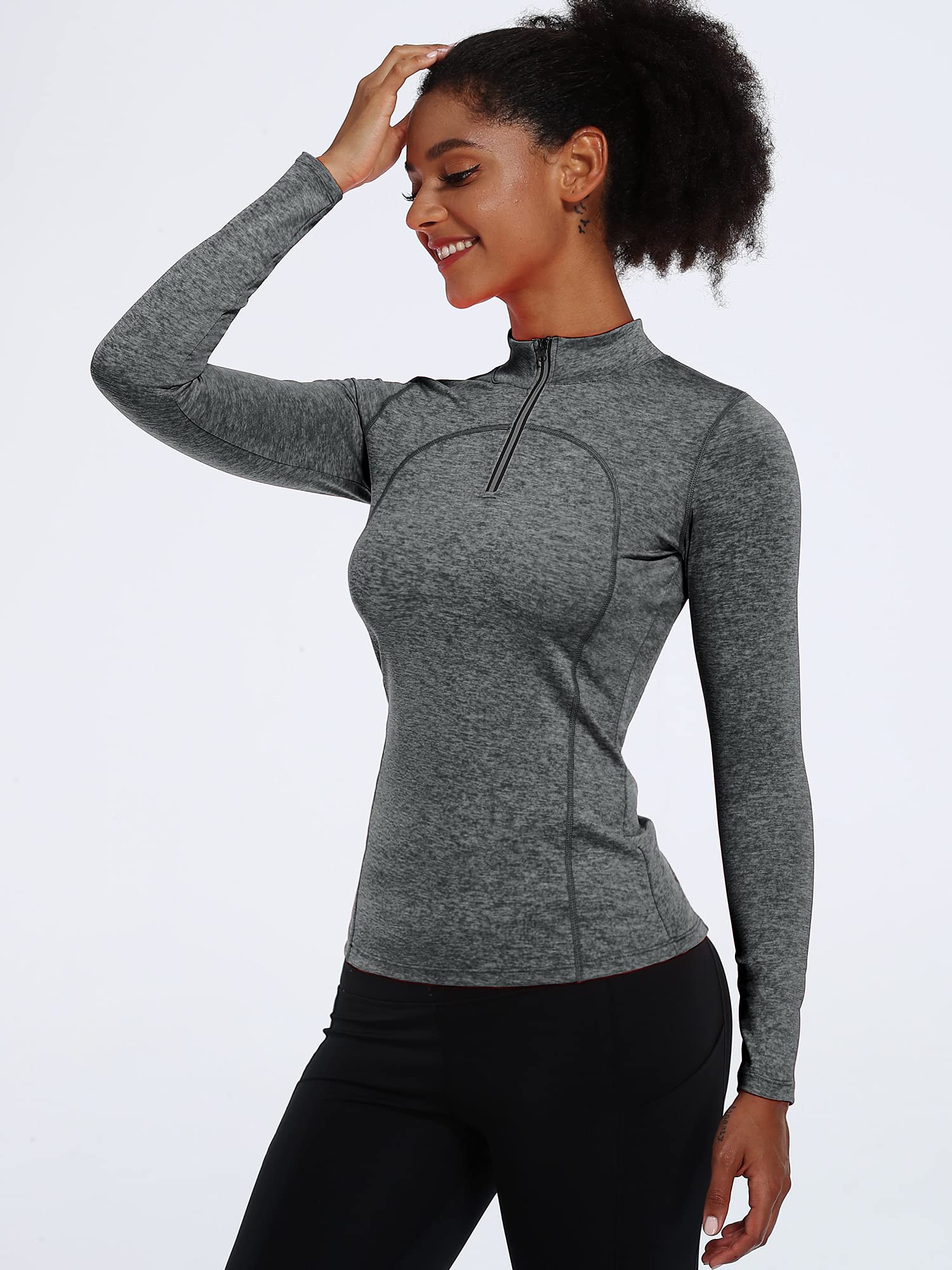 CADMUS Compression Long Sleeve Shirts for Women Workout Hiking Shirts, 3 Pack, Black & Grey & Blue, 2XL