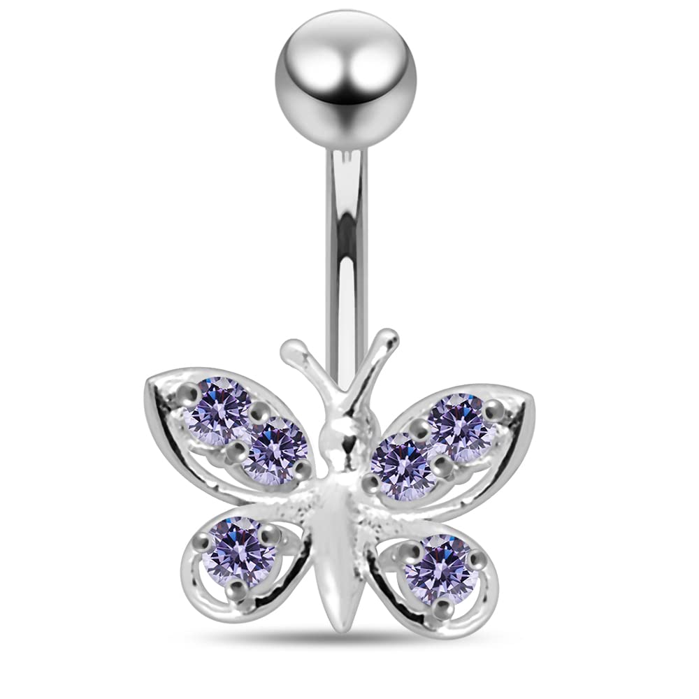 AtoZ Piercing Lavender Gemstone Fancy Butterfly 925 Sterling Silver with Stainless Steel Belly Button Rings