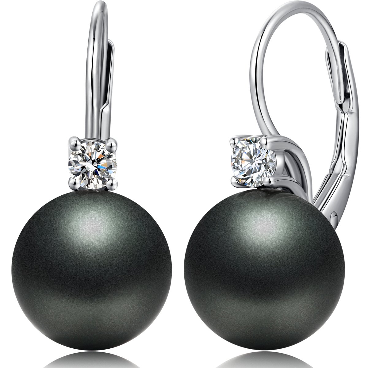 Black Pearl Earrings Pearl Dangle Earring Black Diamond Pearl Earring Cubic Zirconia Pearl Earring for Women Sterling Silver Pearl Leverback Earring Silver Pearl Drop Earrings 10mm Pearl Jewelry