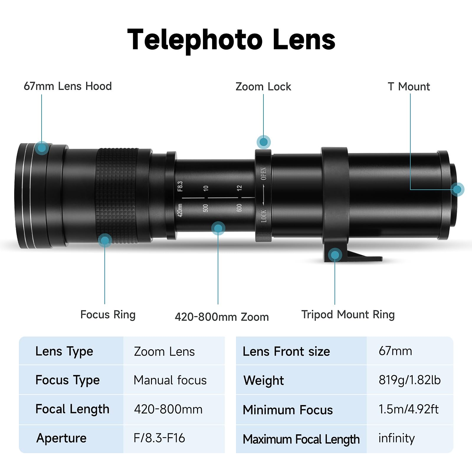 F Mount Lens - JINTU 420-800mm f8.3 Manual Telephoto Lens for Nikon D90 D5600 D5100 D5200 D5300 D5500 D5400 D7200 D7100 D7500 D3100 D3200 D3400 D810 D750 D850 D600