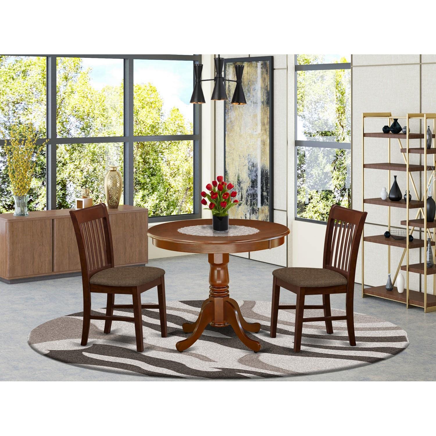 East West Furniture ANNO3-MAH-C 3 Piece Kitchen Table & Chairs Set Contains a Round Dining Room Table with Pedestal and 2 Linen Fabric Dining Room Chairs, 36x36 Inch, Mahogany