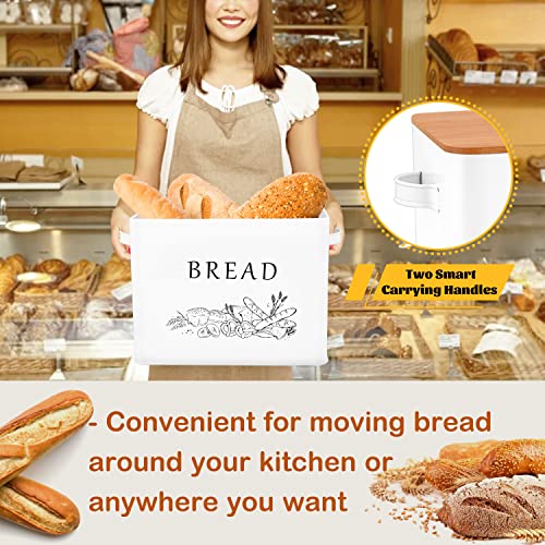 E-far Bread Box for Kitchen Countertop, Metal Bread Storage Container Bin with Bamboo Lid for Cutting Bread, Extra Large & Farmhouse Style, 13β x 7.2β x9.8β, White