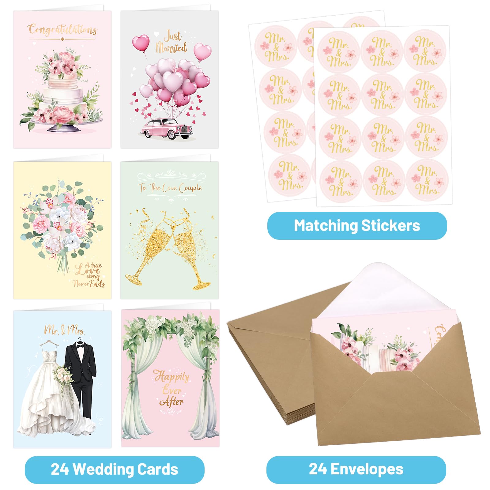Fancy Land Wedding Cards for the Bride and Groom Gold Foil Engagement Congratulation Notes Card with Envelopes and Stickers for Bridal Shower Wedding Ceremony Party Supplies 24 Pcs