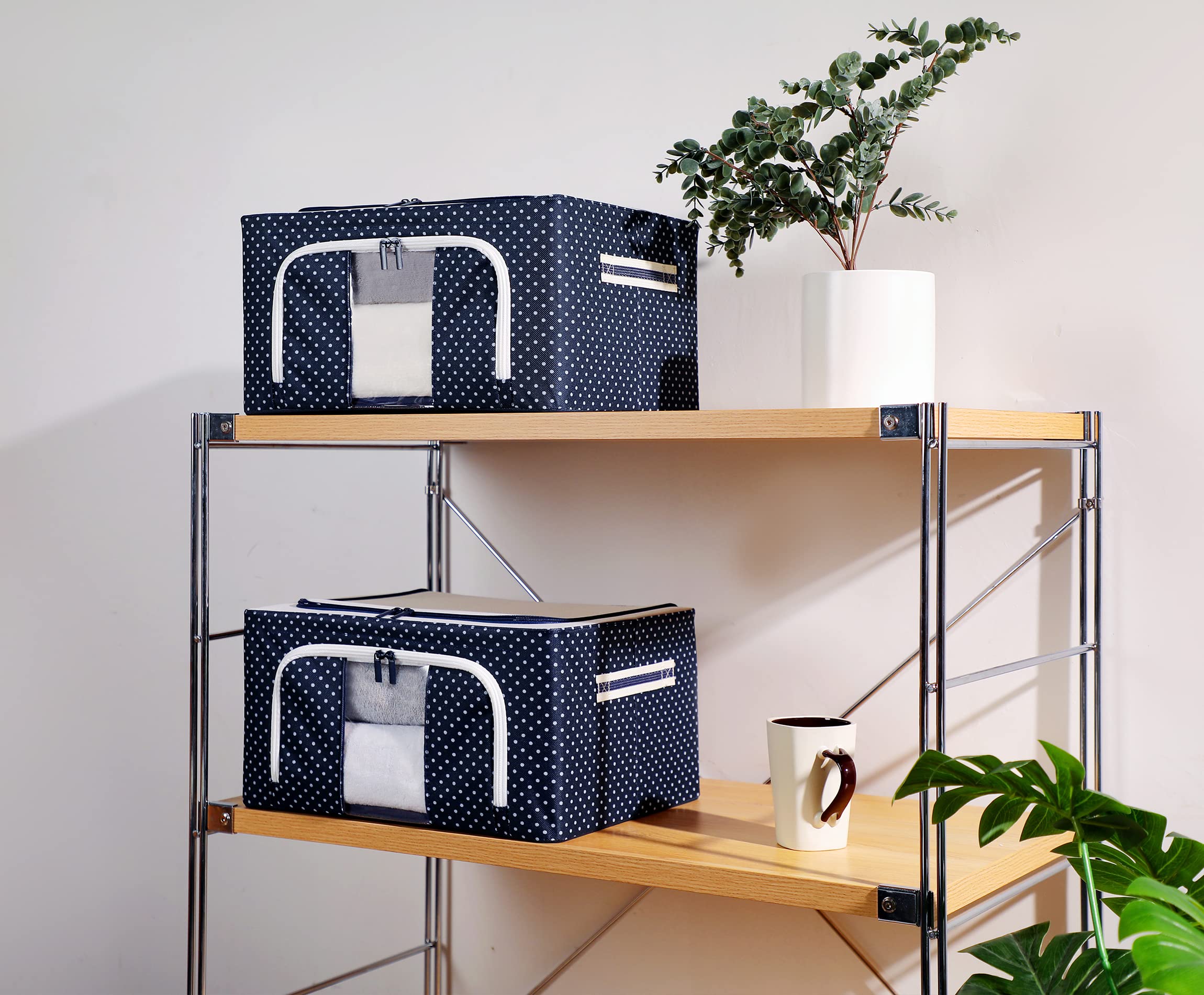 Furnhome Clothes Storage Organizer Bins, Foldable Storage Bins-Oxford Cloth Steel Frame Storage Box for Clothing Storage with Foldable Clear Window & Reinforced Handles (Navy Dots, 22L, 3PCS)…