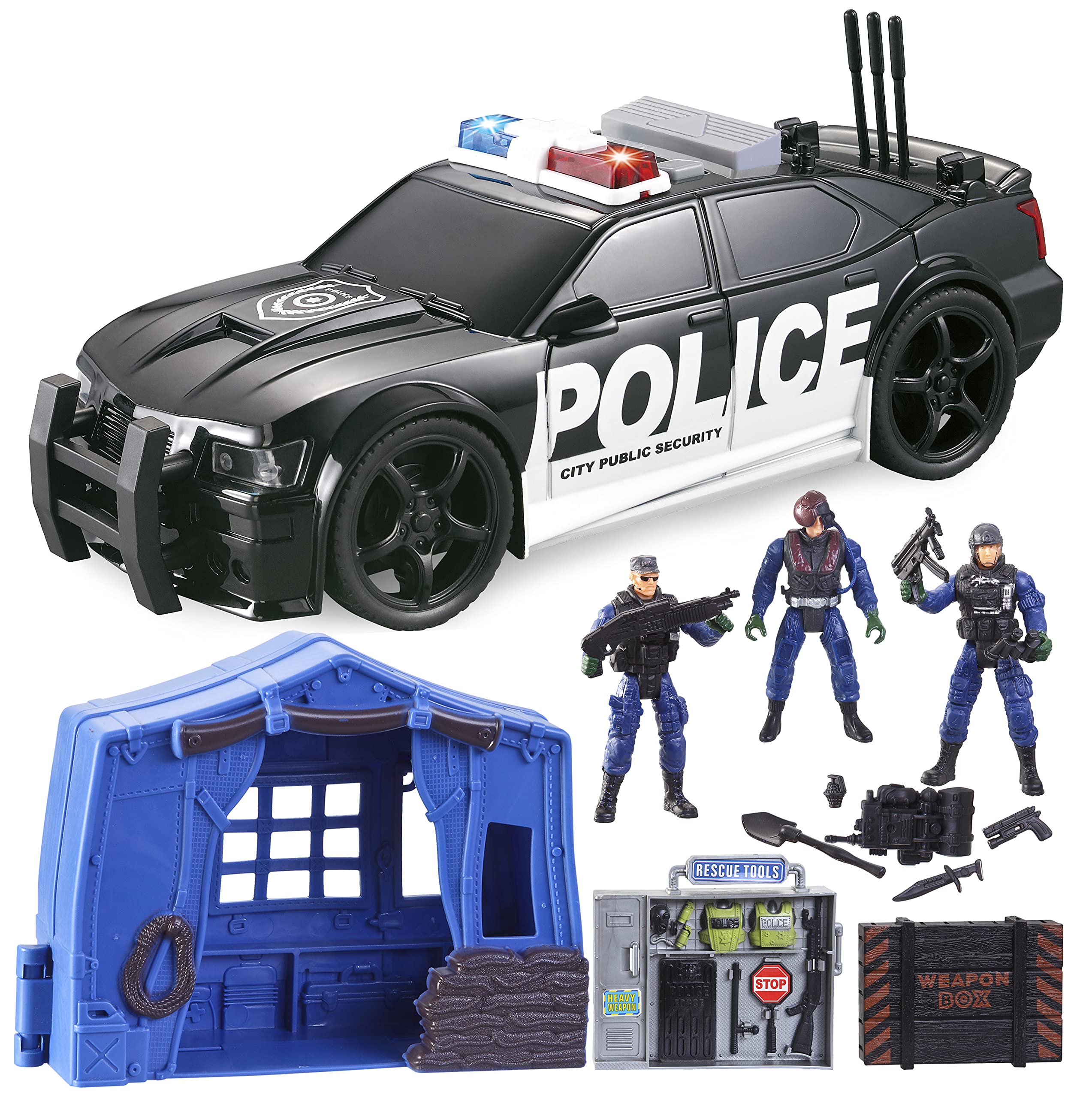 JOYIN Police Camp Toy Set of Friction Powered Police Car, Realistic Military Camp Tent and Policemen Action Figures, Police Vehicle with Light and Sound Siren for Over 3 Years Old Boys