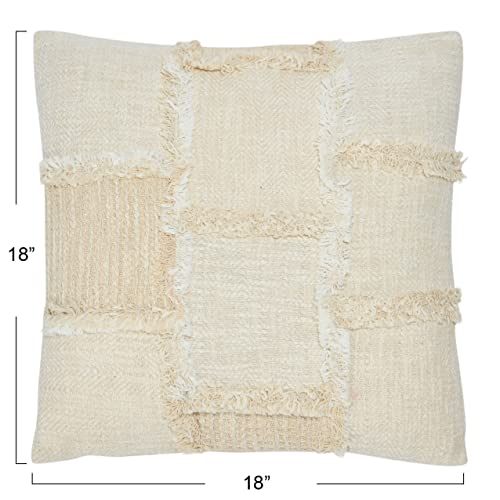 Creative Co-Op Woven Cotton and Wool Patchwork Frayed Edges Pillow, 18" L x 18" W x 2" H, Cream