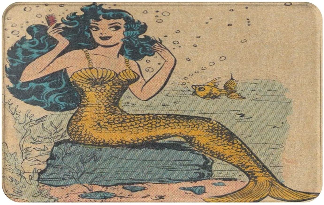 Bathroom Rug Bath Mat Vintage Mermaid Art Non-Slip Floor Mats Soft Doormat Absorbent Throw Bath Rugs Runner Carpet 31"x20"