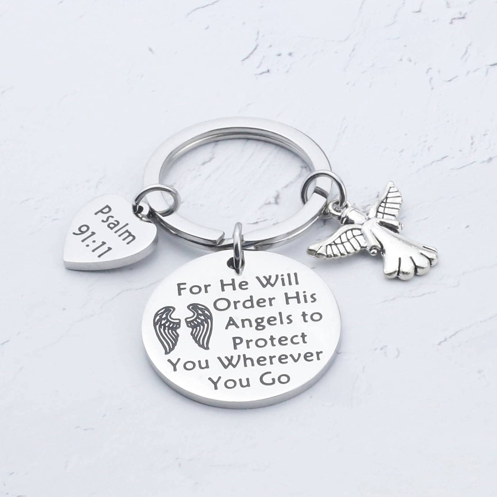 Bible Verse Keychain for He Will Order His Angels to Protect You Wherever You Go Religious Jewelry Christian Gift (silver)