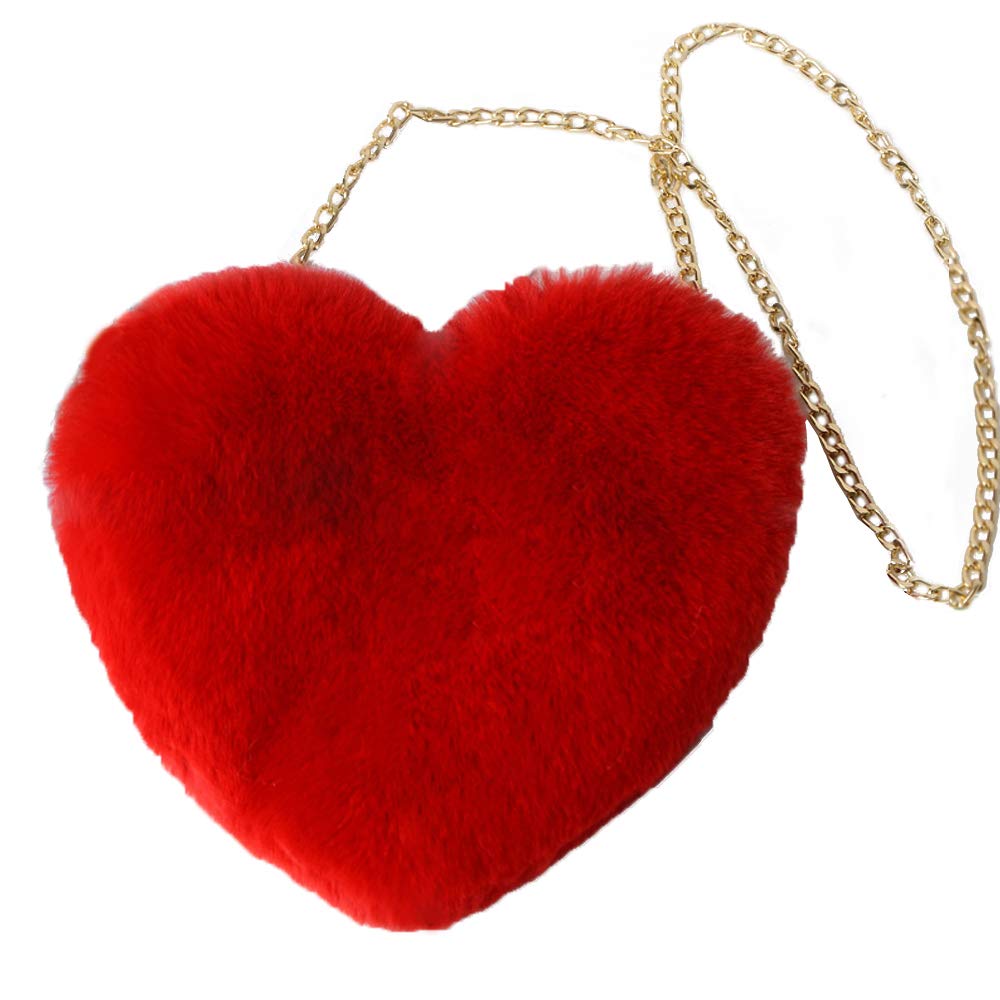 MSDMSASD Heart Shaped Shoulder Bag Faux Fur Crossbody Bag Zipper Closure Removable Chain Fluffy Handbag for Women and Girls (Red)