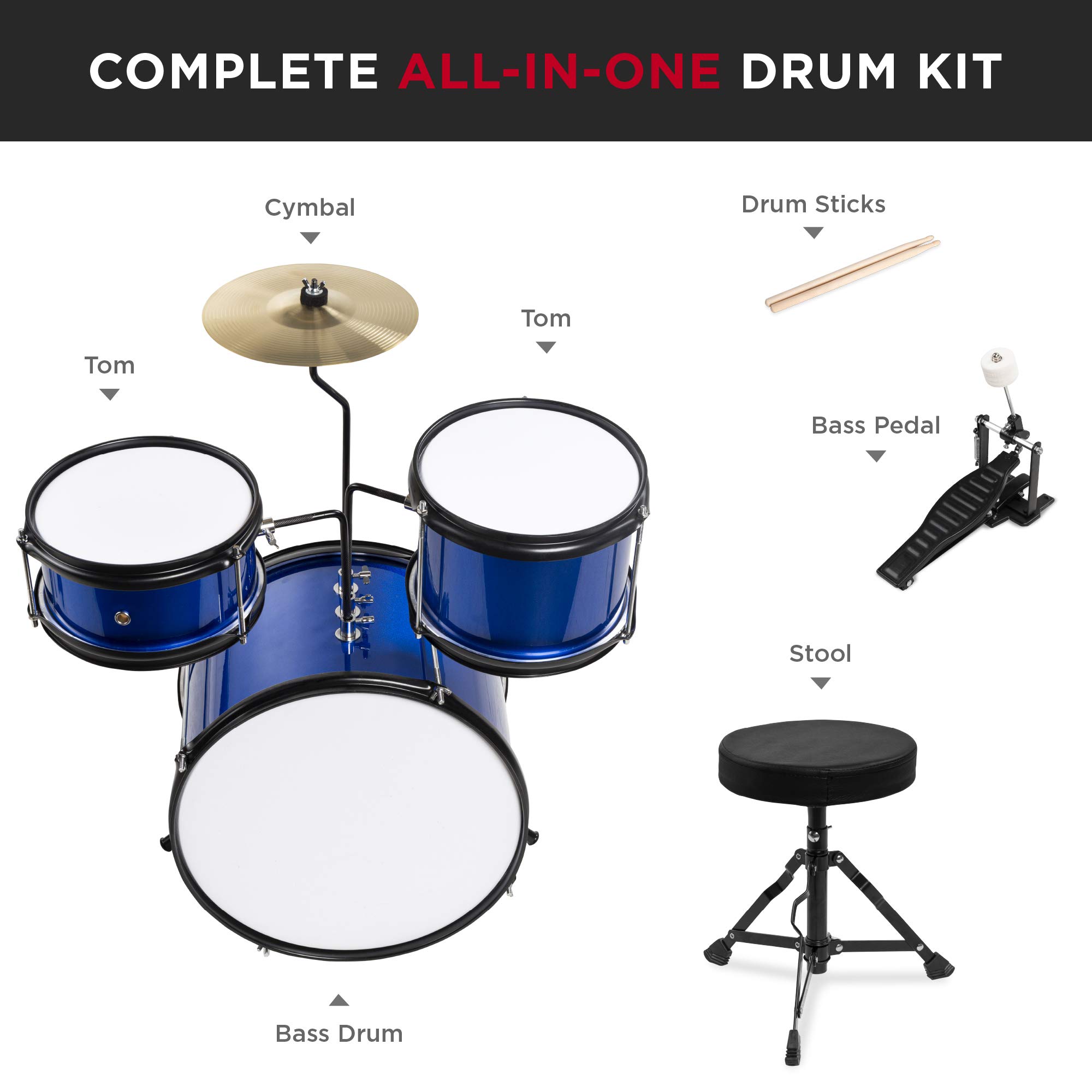 Best Choice Products Kids Drum Set 3-Piece Beginner Drum Set Junior Drum Set, w/ Throne Stool, Cymbal, Drum Sticks, Bass Drum Pedal, 2 Toms - Blue