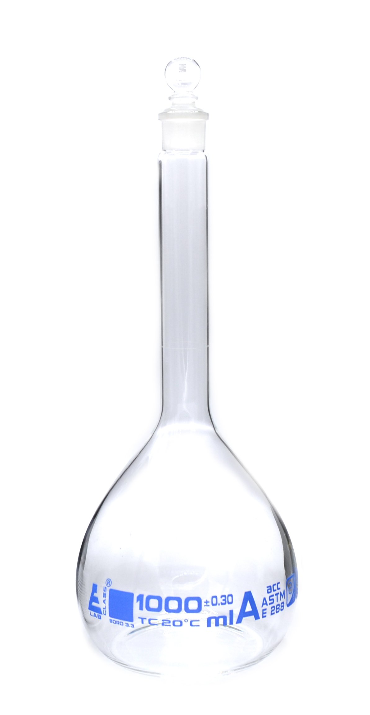 EISCO Volumetric Flask, 1000ml - Class A, ASTM - Tolerance ±0.300 ml - Glass Stopper - Single, Blue Graduation