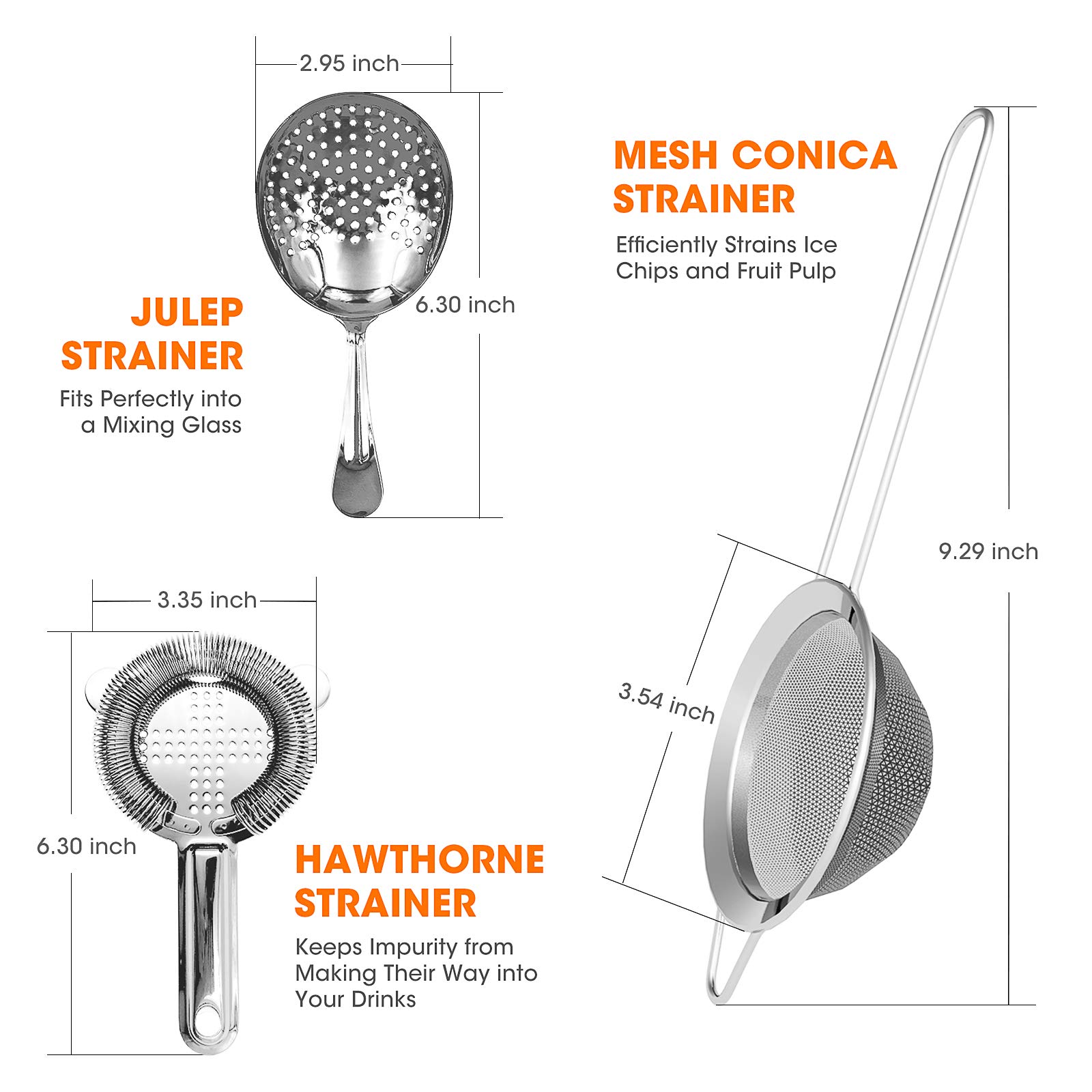 Cocktail Strainer-Stainless Steel Bar Tools Bartender Cocktail Strainer Set:Hawthorne Strainer,Julep Strainer and Conical Fine Mesh Strainer