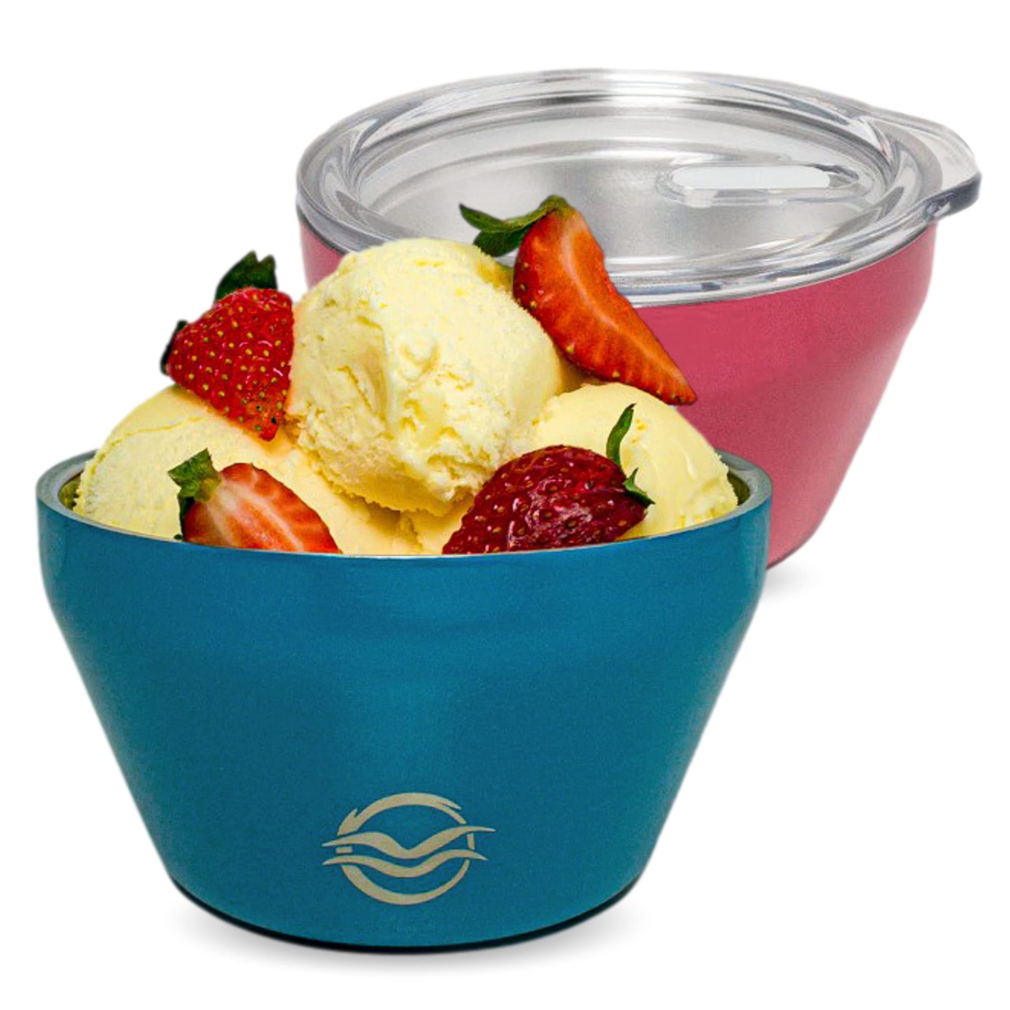 CALICLE - Insulated Ice Cream Bowl Set with Lid, Double Wall Vacuum Insulated Stainless Steel, for Cold and Hot Foods (Cereals, Soups, Snacks, Dips) - 12oz, Set of 2 (Pink Hibiscus/Blue Seas)
