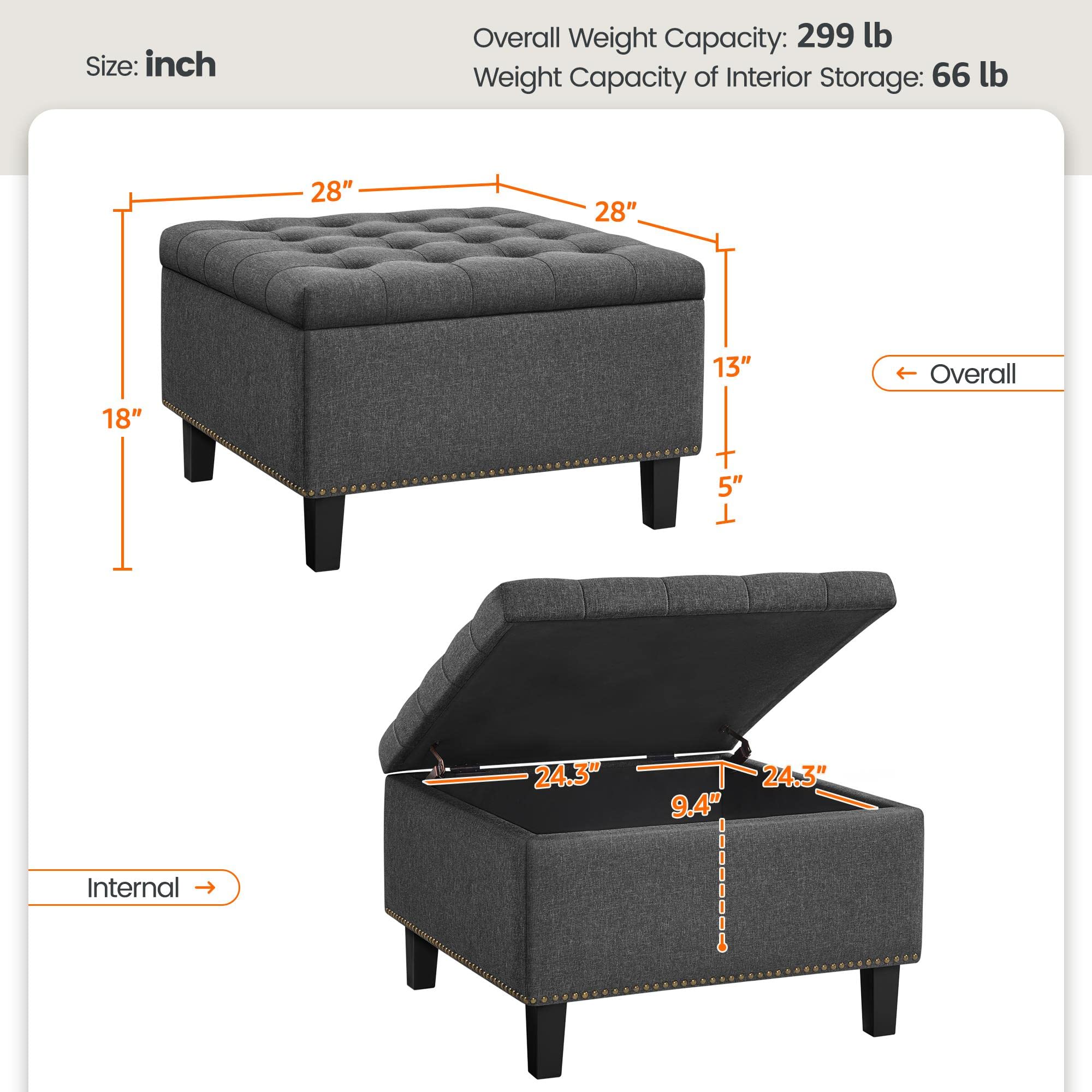 Yaheetech Ottoman with Large Storage, Multifunctional 28-inch Storage Bench, Bedroom Bench Foot Rest with Cushion as Footboard Bench, Sofa Bench, Coffee Table for Living Room Entryway Gray