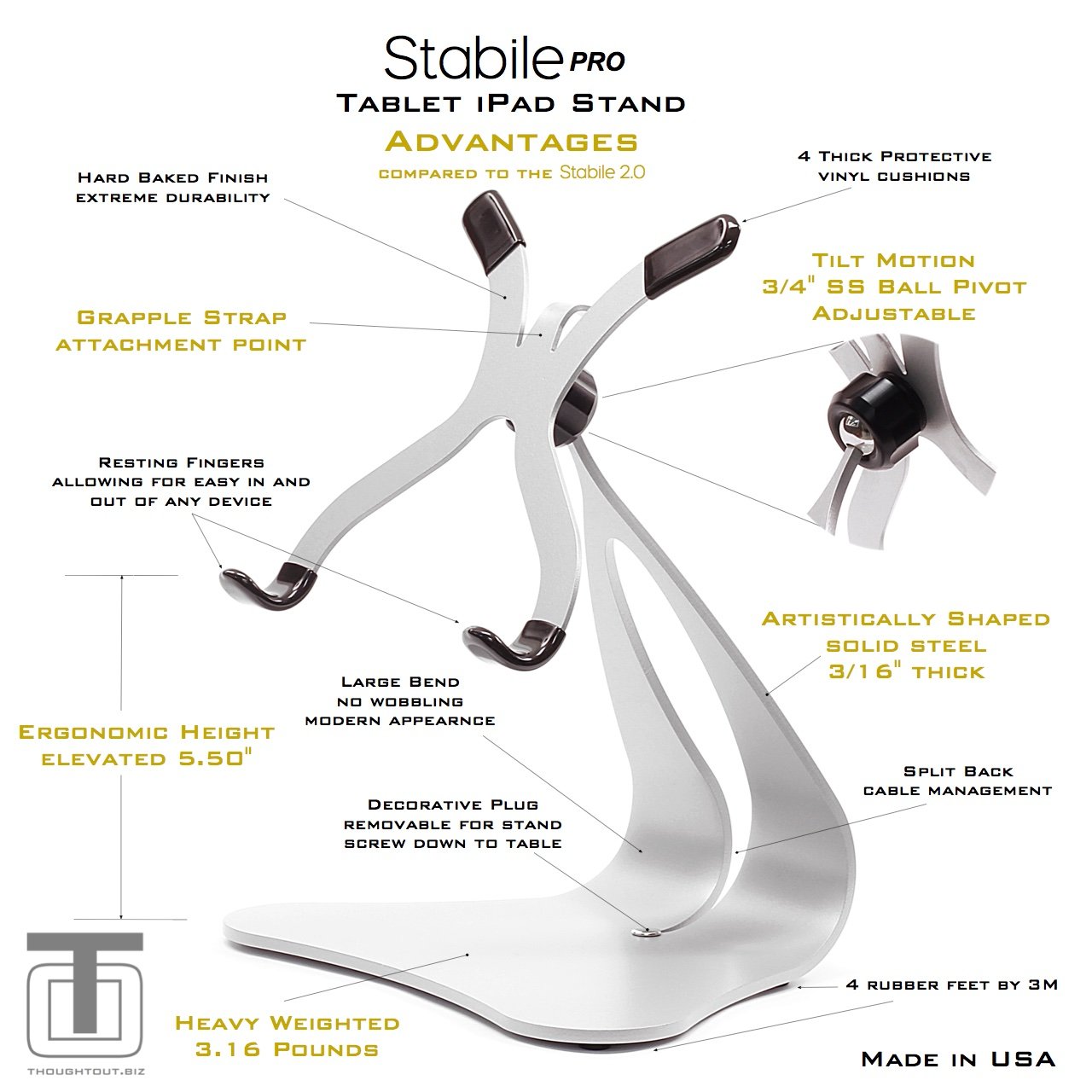 Thought Out Stabile PRO Pivoting iPad Stand - Black - Made in USA - Compatible with Apple iPad