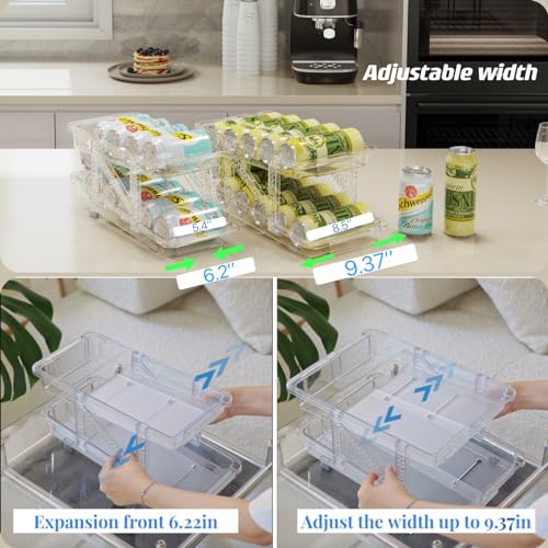 Attelite Upgrade Soda Can Organizer with Adjustable Width, Double-Layer Automatic Rolling Stackable Beverage Can Dispenser Rack for Standard Cans, Skinny Cans, And Tall Cans (Clear，set of 2)
