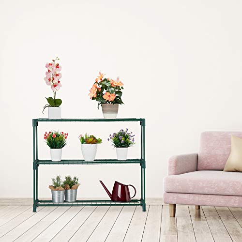 Relaxdays Plant Stand, 3 Tiers, Storage for Flower Pots, Indoor, Iron & Plastic, H x W x D 74.5 x 91 x 28.5, Green, Pack of 1