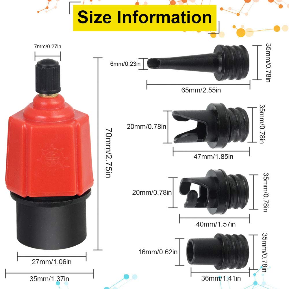 BUZIFU Air Pump Valve Multifunction Inflatable Schrader Valve Adapter SUP Pump Adaptor Air Valve Converter with 4 Standard Conventional Air Valve Nozzles for Inflatable Boat Bed Stand Up Paddle Board